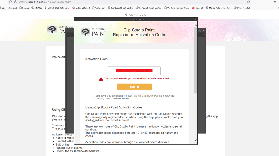 activation code issue - CLIP STUDIO ASK