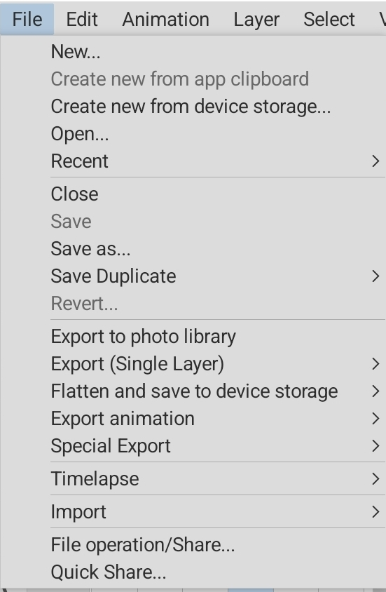 파일 메뉴에 벡터 내보내기 옵션이 없습니다 - Android - CLIP STUDIO ASK